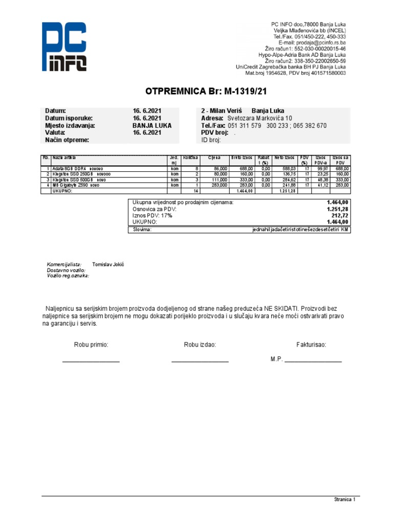 Otpremnica BR: M-1319/21: Ukupna Vrijednost Po Prodajnim Cijenama: Osnovica Za PDV: Iznos PDV ...