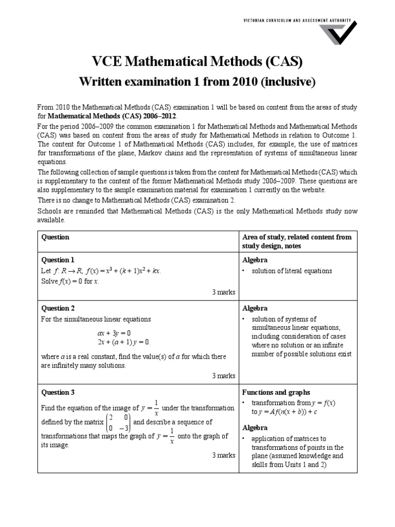 VCE Mathematical Methods (CAS) : Written Examination 1 From 2010 ...