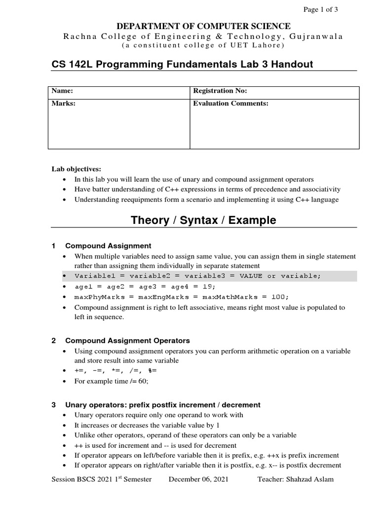 CS 142L Programming Fundamentals Lab 3 Handout: Theory / Syntax / Example | Download Free PDF ...