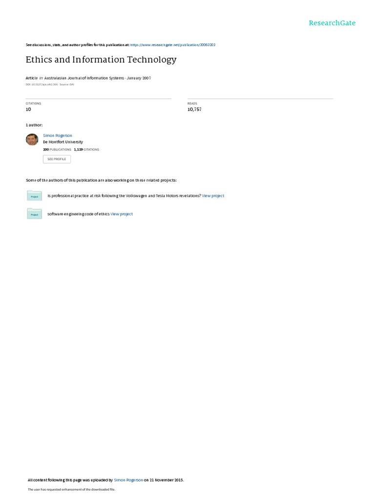 Ethics and Information Technology | PDF | Applied Ethics | Social Institutions