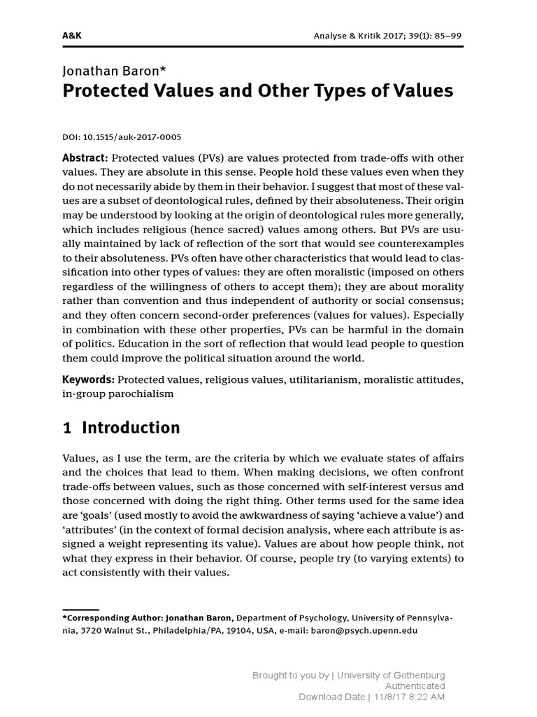 Protected Values and Other Types of Values: Jonathan Baron | PDF ...
