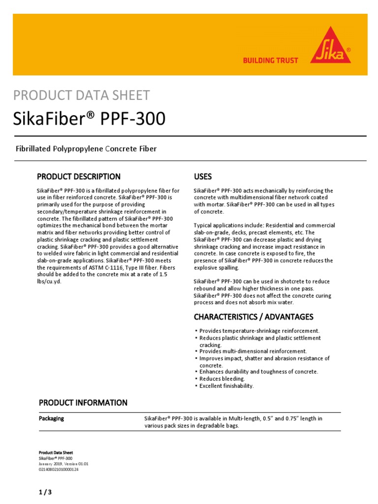 Sikafiber® Ppf-300: Product Data Sheet | PDF | Concrete | Materials