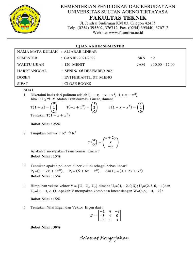 Soal UAS Aljabar Linear Ganjil 20212022 | PDF
