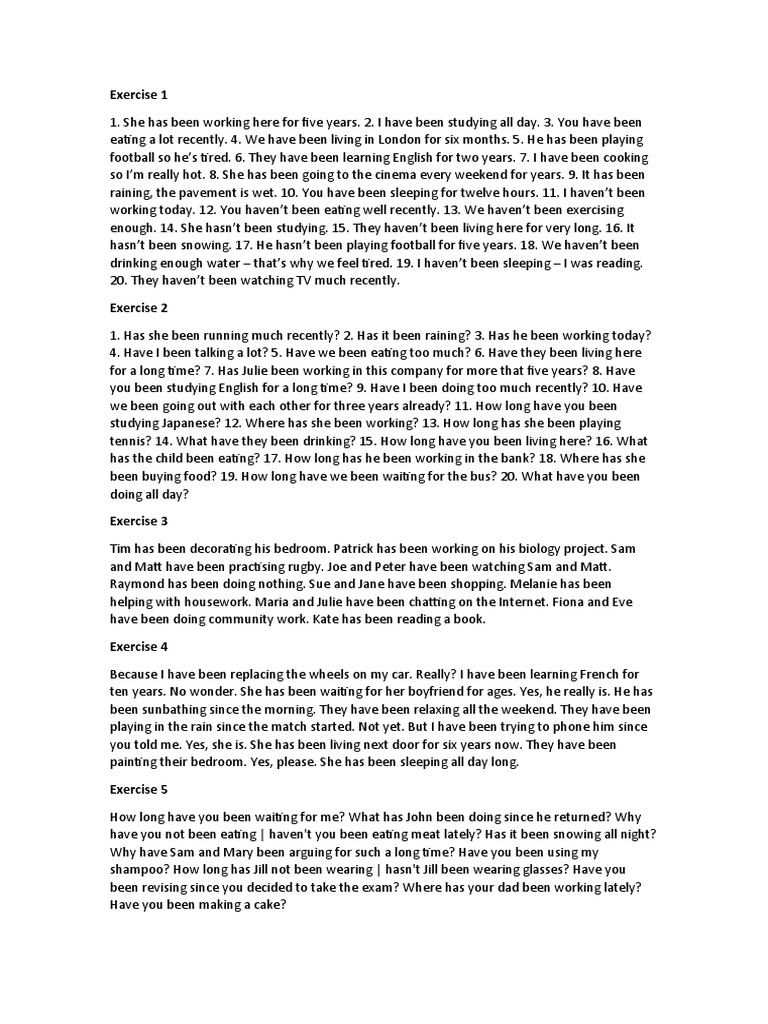 Present Perfect Continuous Exercises | PDF