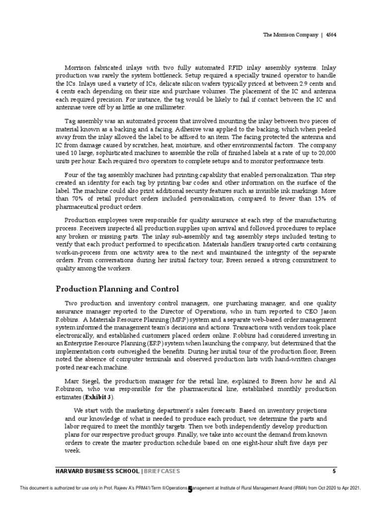 Production Planning and Control: The Morrison Company - 4564 | PDF ...