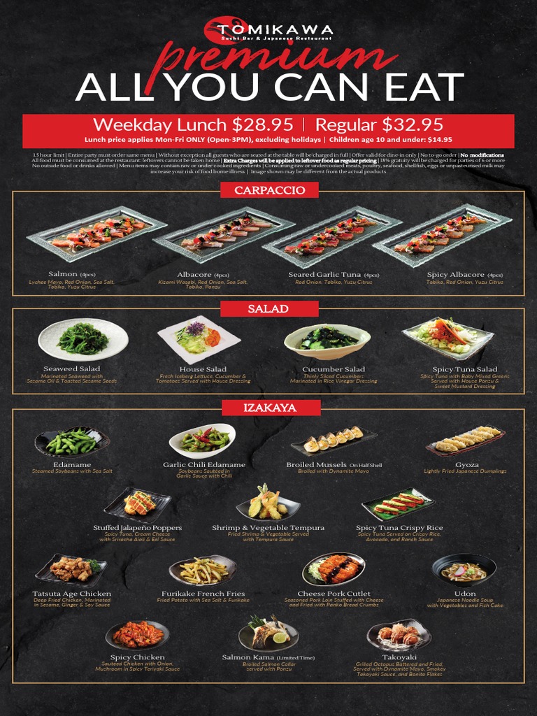 Tomikawa AYCE+Menu (10"x16") +2 | PDF | Salad | Sushi