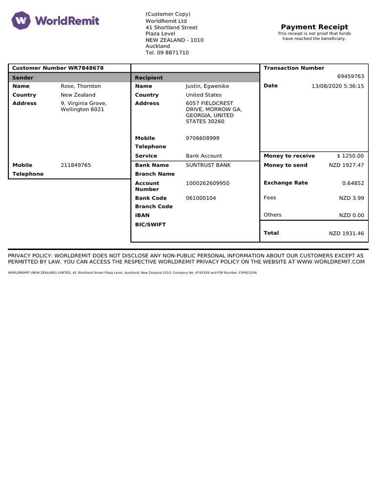 WorldRemit Payment Receipt Sent Funds | PDF | Financial Services | Money