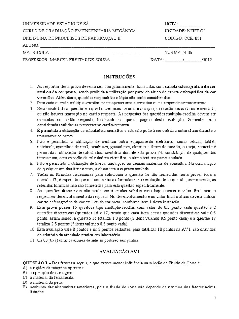 Prova (AV1) | PDF | Vestir-se | Estresse (Mecânica)