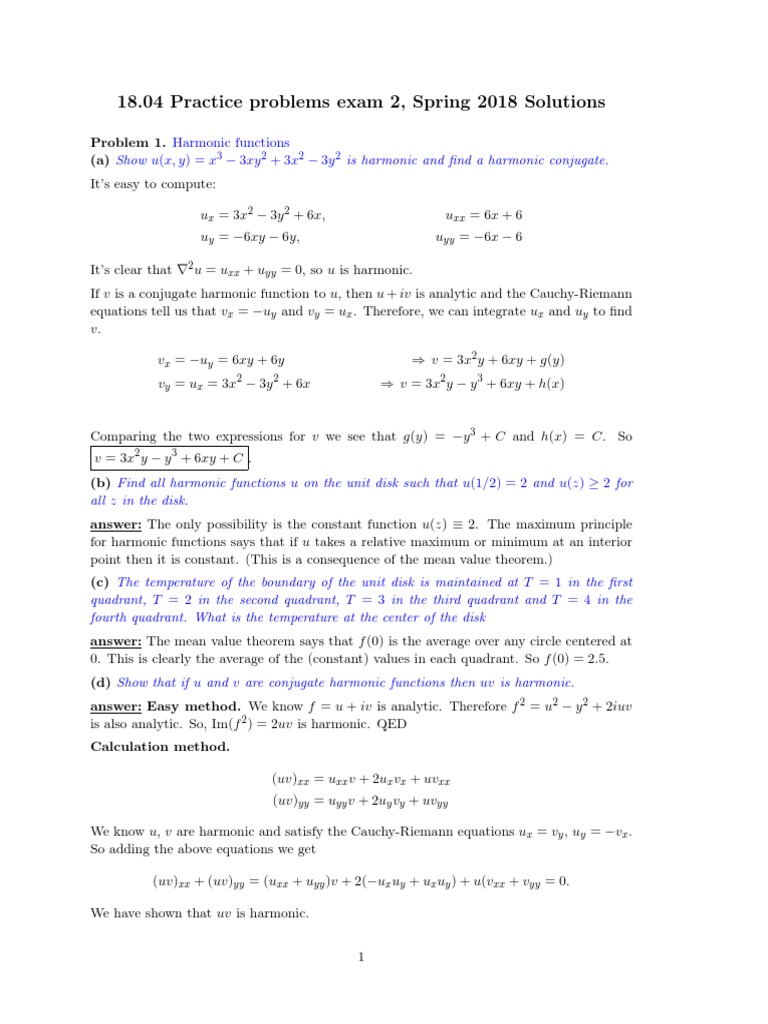 18.04 Practice Problems Exam 2, Spring 2018 Solutions: X 2 2 XX y Yy 2 XX Yy | PDF ...