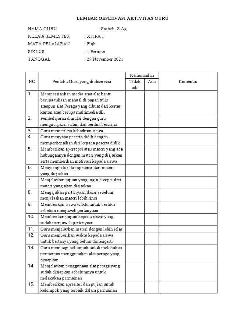 Lembar Observasi Guru Dan Siswa | PDF