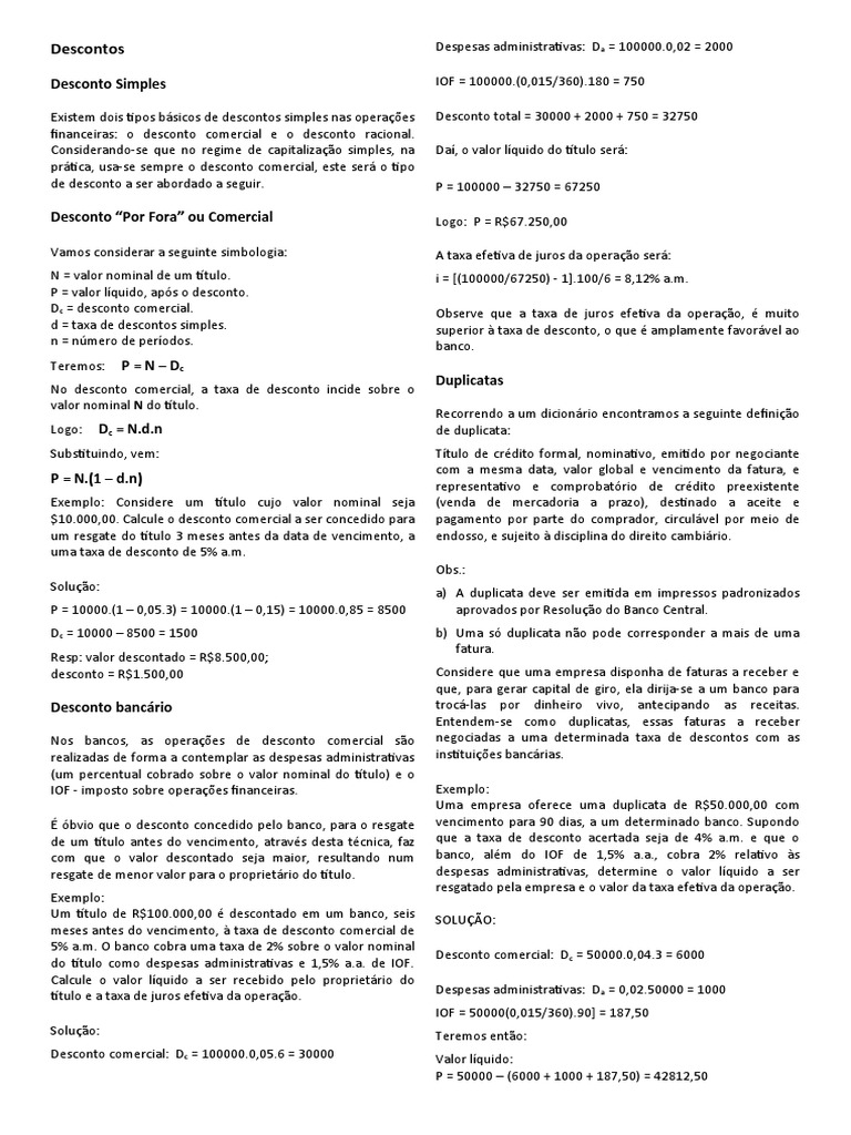 Descontos Simples e Compostos | PDF | Desconto | Factoring (fomento mercantil ou comercial)