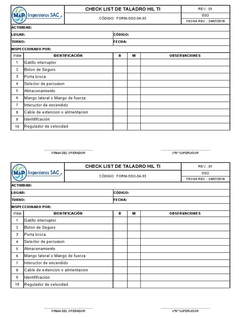 Form-Sso-04-33 Check List Taladro Hilti MP | PDF | Procesos ...