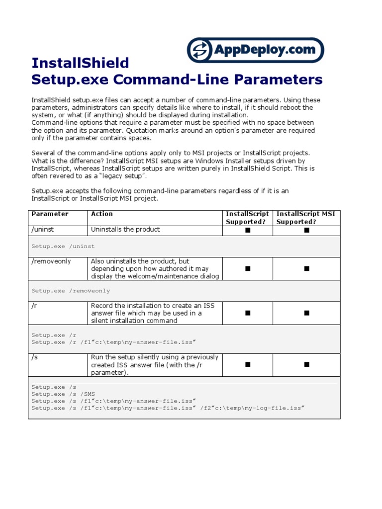 Install Shield Setup Parameters Command Line Interface