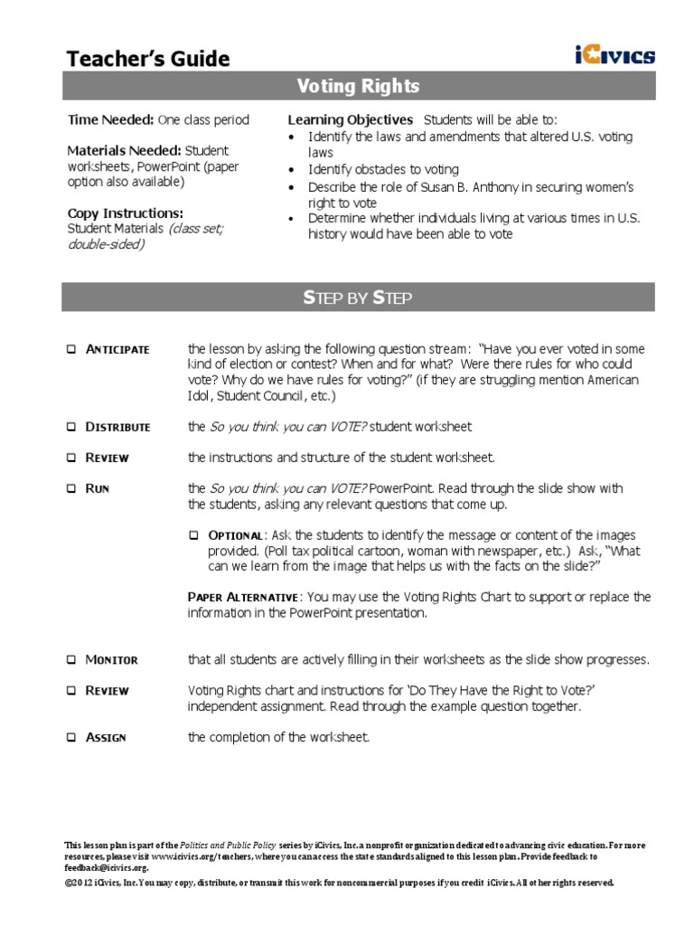 Teacher's Guide: Voting Rights | PDF | Voting Rights In The United ...