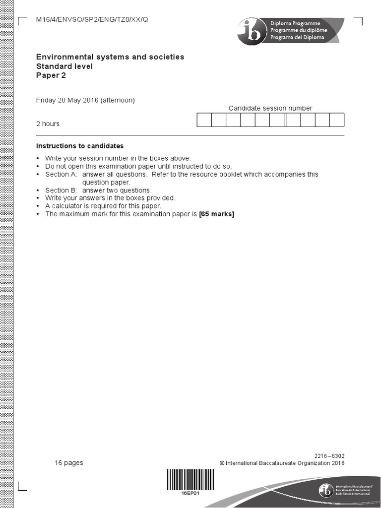 Environmental Systems and Societies Standard Level Paper 2 ...