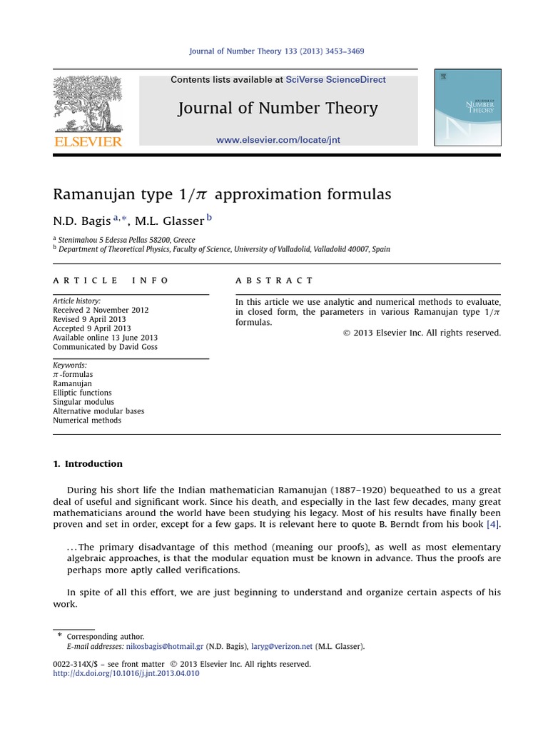 Ramanujan Type 1:pi Approx Formulas | PDF | Pi | Equations