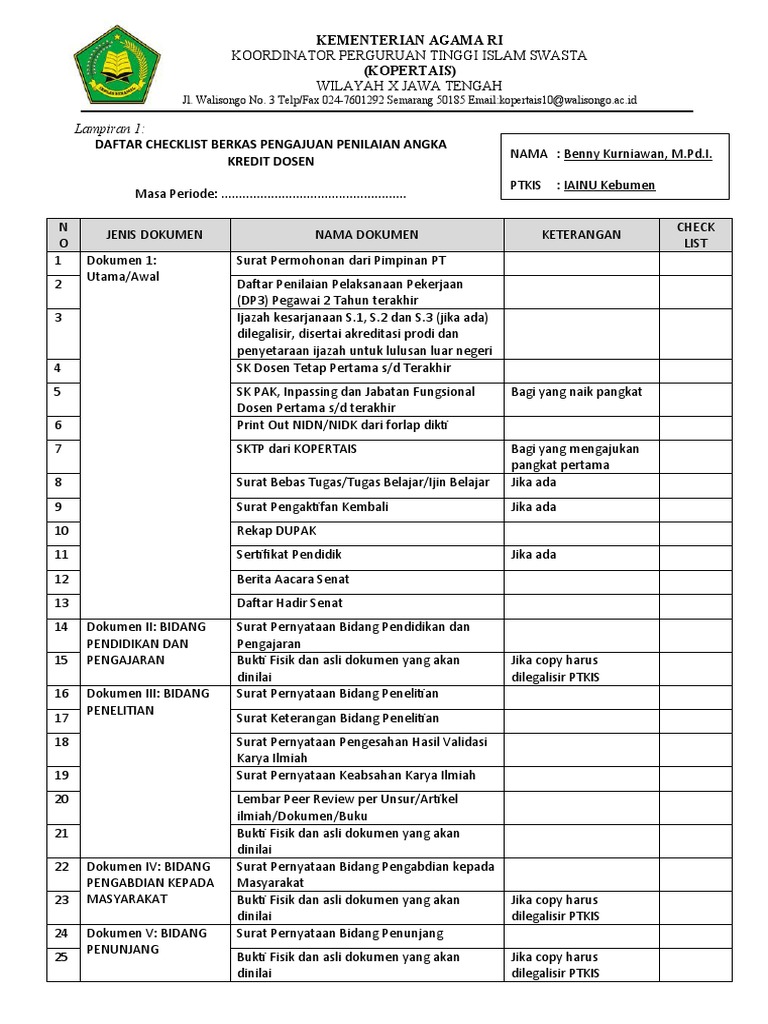 Daftar Checklist Berkas Pengajuan Pak Dosen | PDF