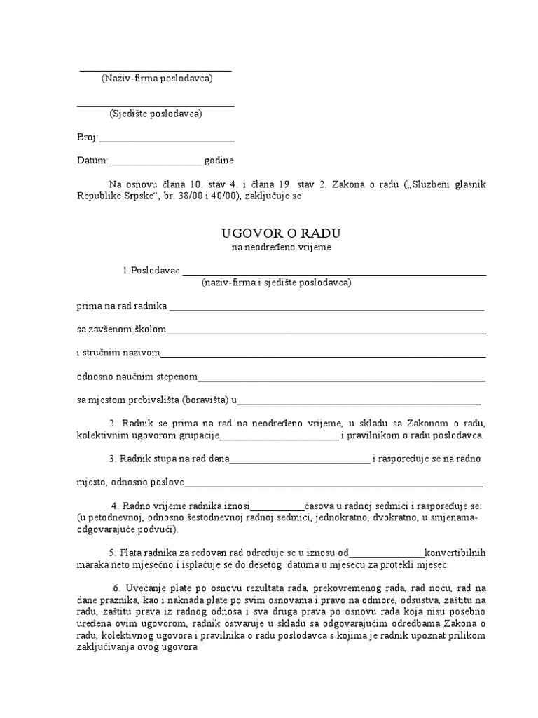 Ugovor o Radu Na Neodređeno Vrijeme | PDF