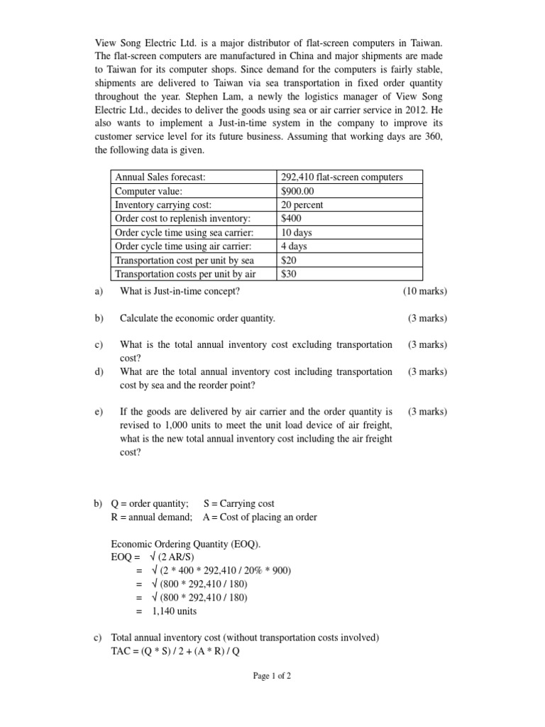 EOQ Exercise | PDF | Cargo | Inventory