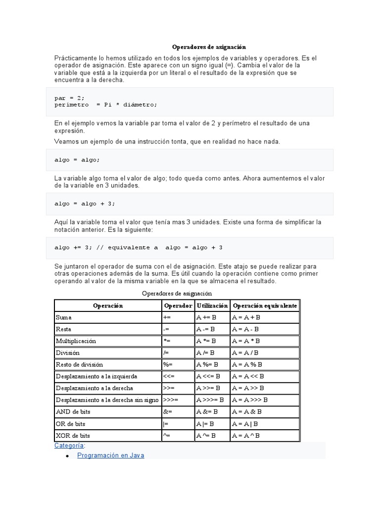 Operadores de Asignación | PDF | Informática teórica | Ingeniería de ...