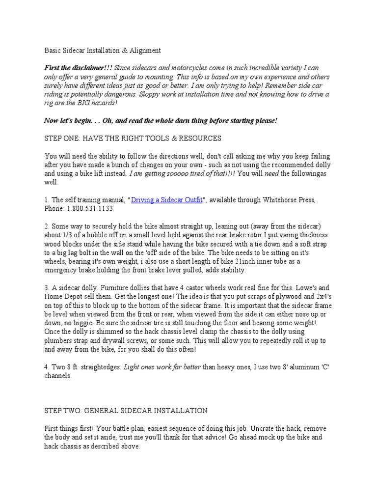 Sidecar Installation and Alignment Guide | PDF | Motorcycle ...