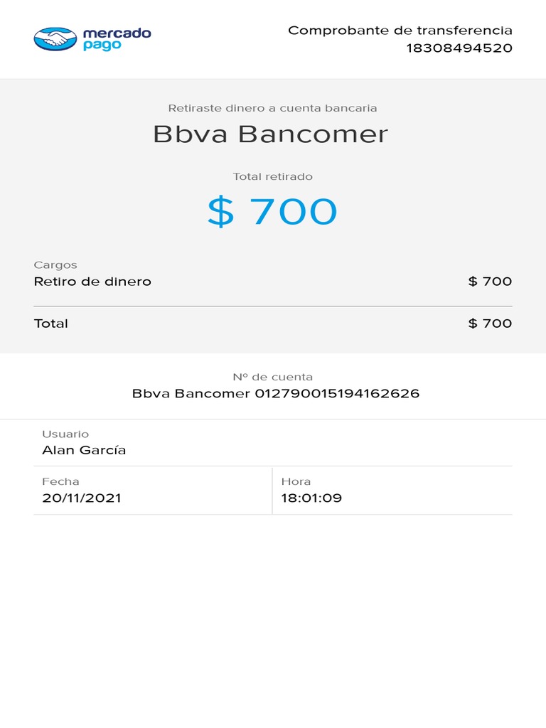 Bbva Bancomer: Comprobante de Transferencia 18308494520 | PDF