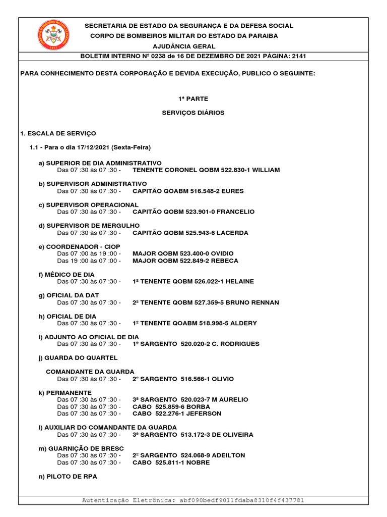 Boletim Interno CBMPB nº 0238/2021 | PDF | Tenente | Sargento