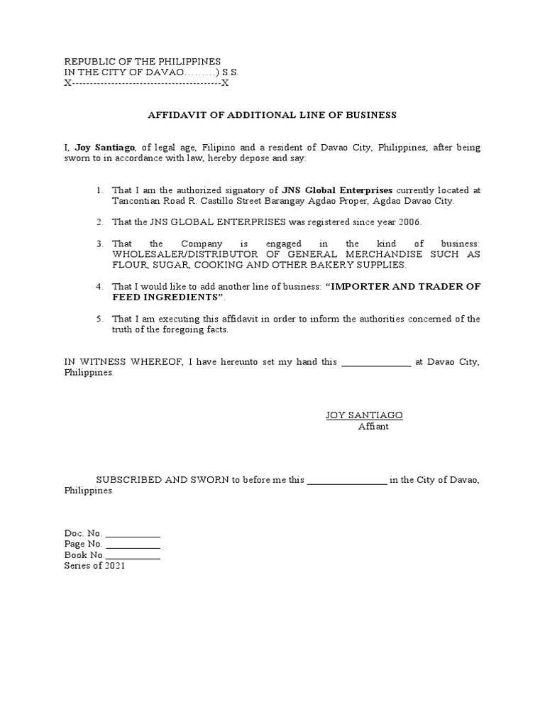 Affidavit of Additional Business Line | PDF | Business