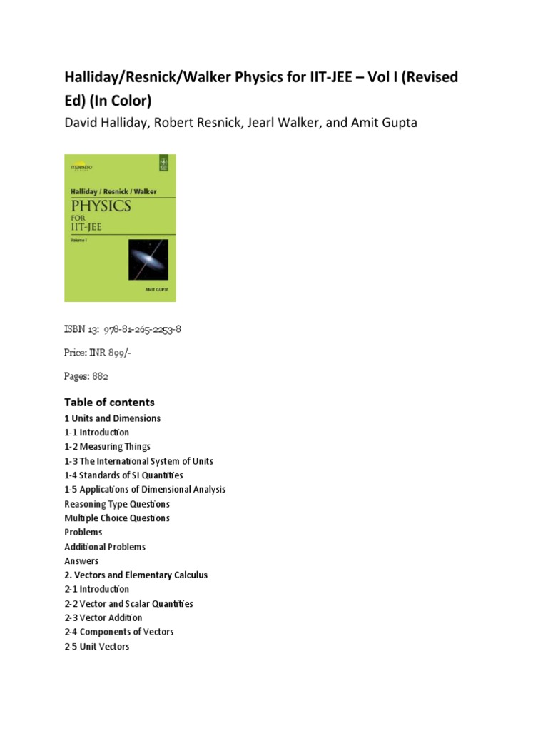 Halliday/Resnick Physics for IIT-JEE Vol I | PDF | Rotation Around A ...