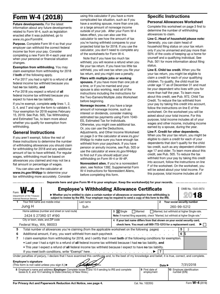 Form W-4 (2018) : Specific Instructions | Download Free PDF | Payroll ...