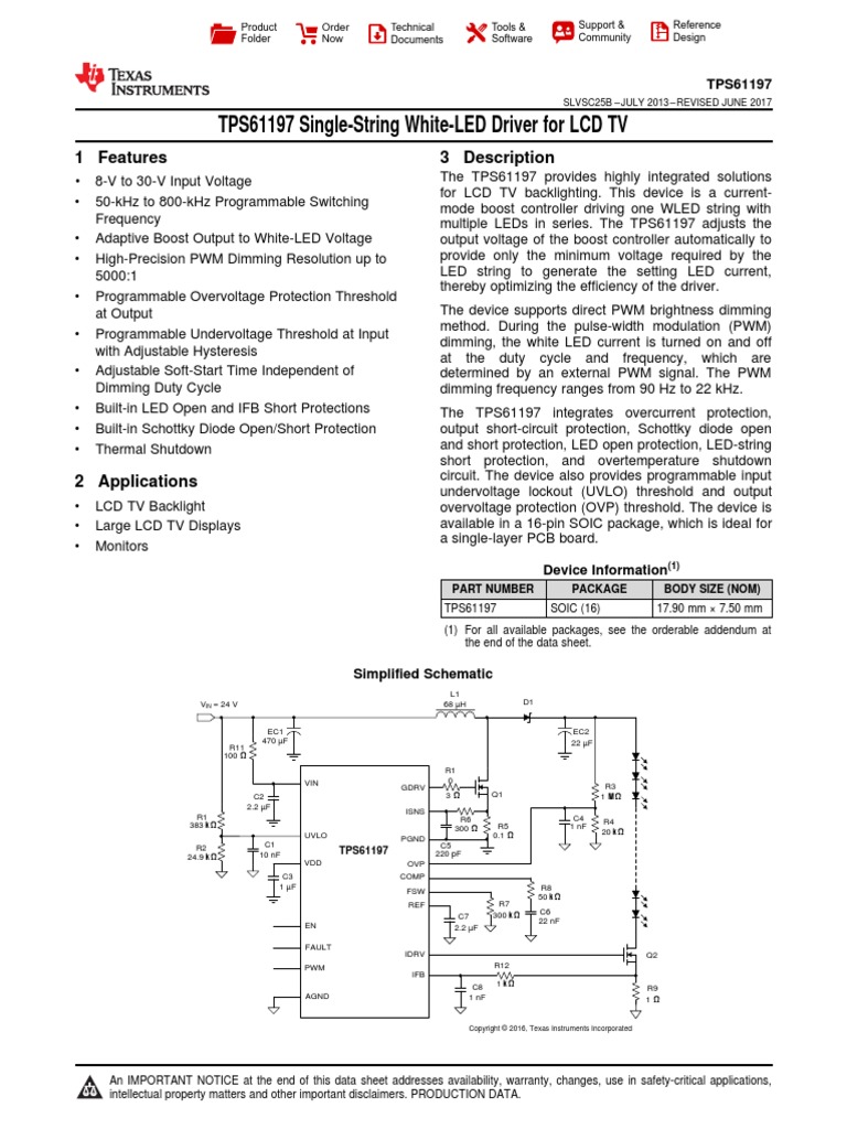 TPS61197 Single-String White-LED Driver For LCD TV: 1 Features 3 ...