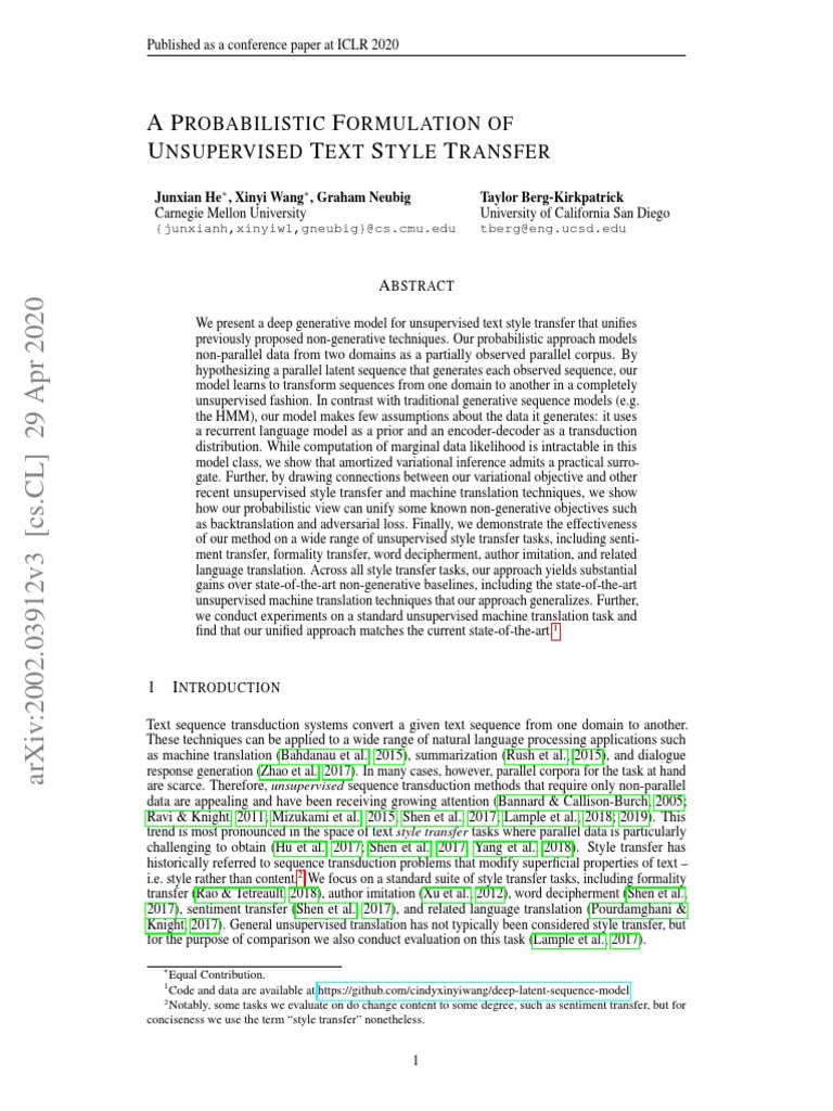 A Probabilistic Formulation of Unsupervised Text Style Transfer | Download Free PDF | Applied ...
