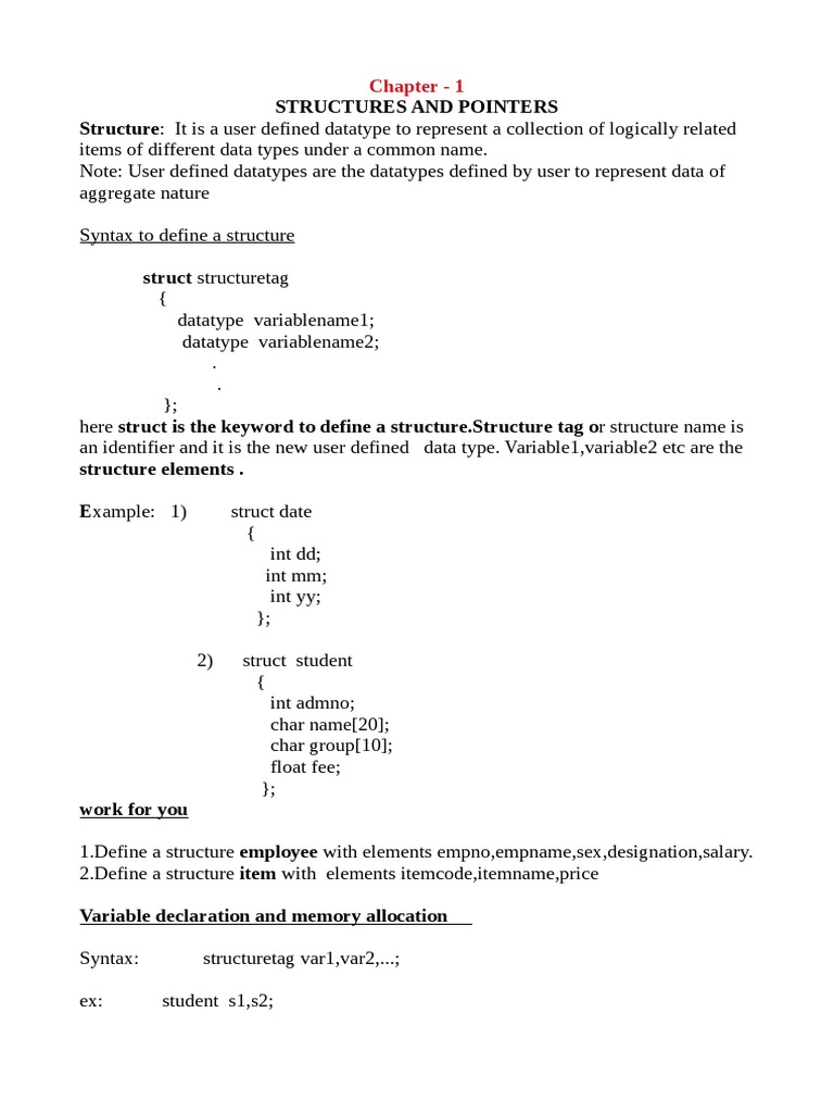 Structures and Pointers Structure: It Is A User Defined Datatype To ...
