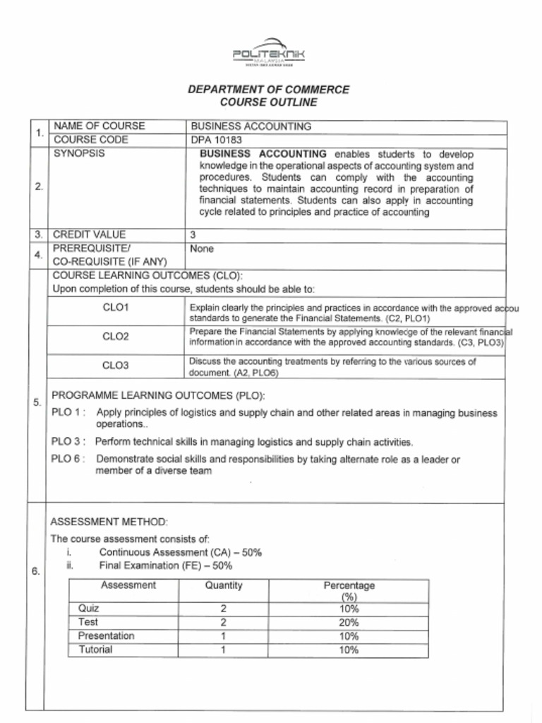 Course Outline DPA10183 Business Accounting | PDF