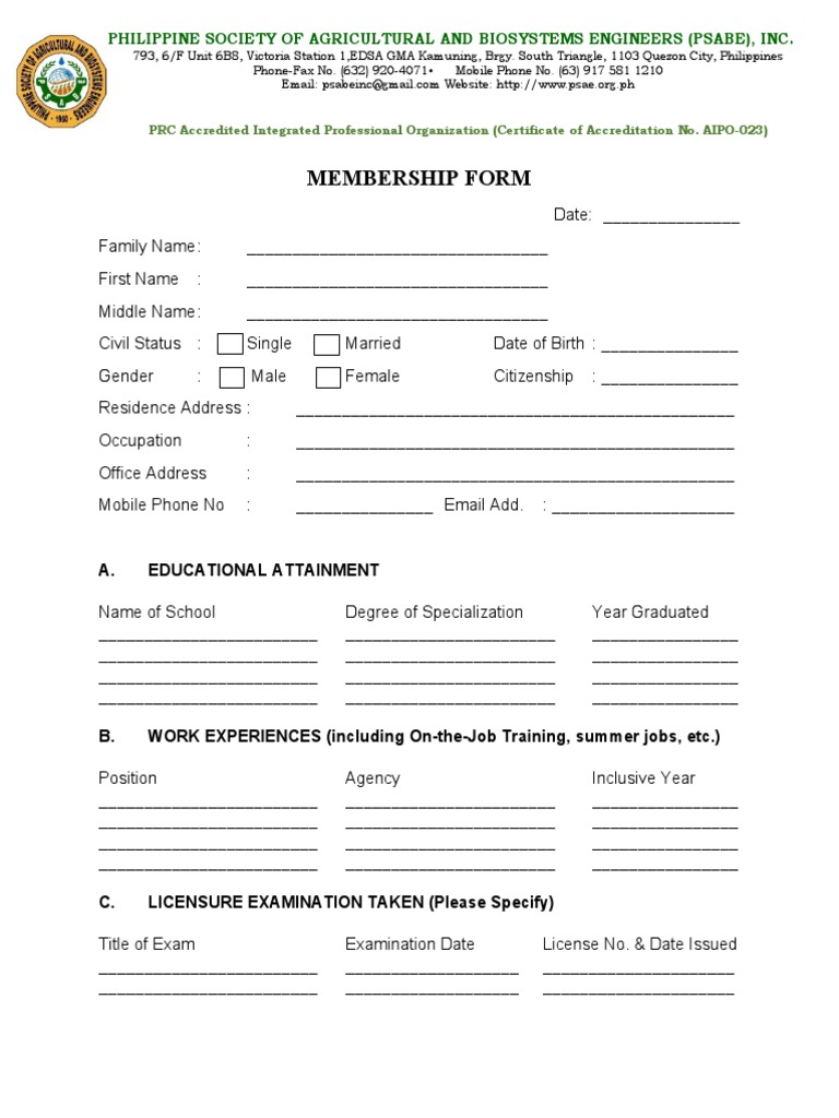Membership Form for PSABE Registration | PDF | Qualifications ...