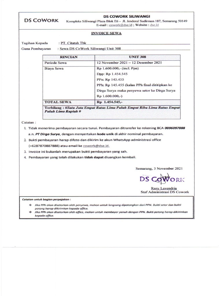 Invoice Sewa Kantor Nov 21 PT Citatah TBK | PDF