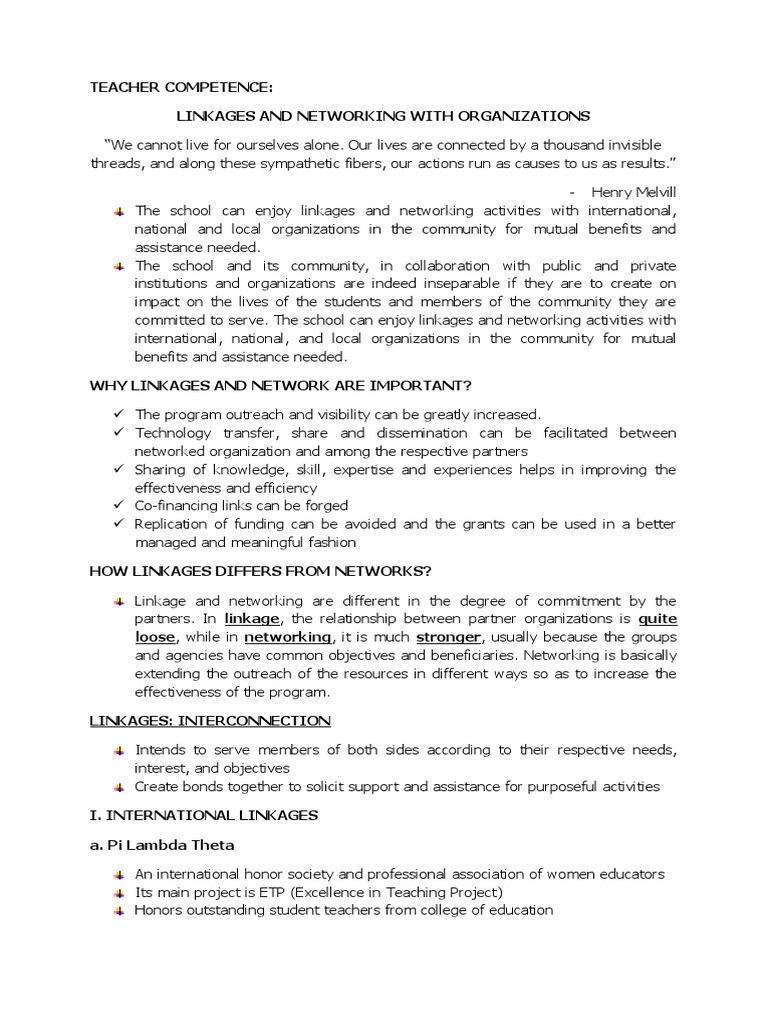 Teacher Competence - Linkages and Networking With Organization | PDF ...
