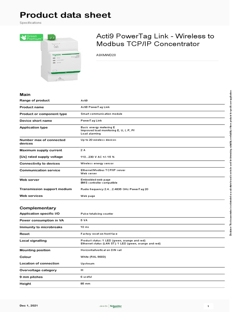 Product Data Sheet: Acti9 Powertag Link - Wireless To Modbus Tcp/Ip Concentrator | PDF ...