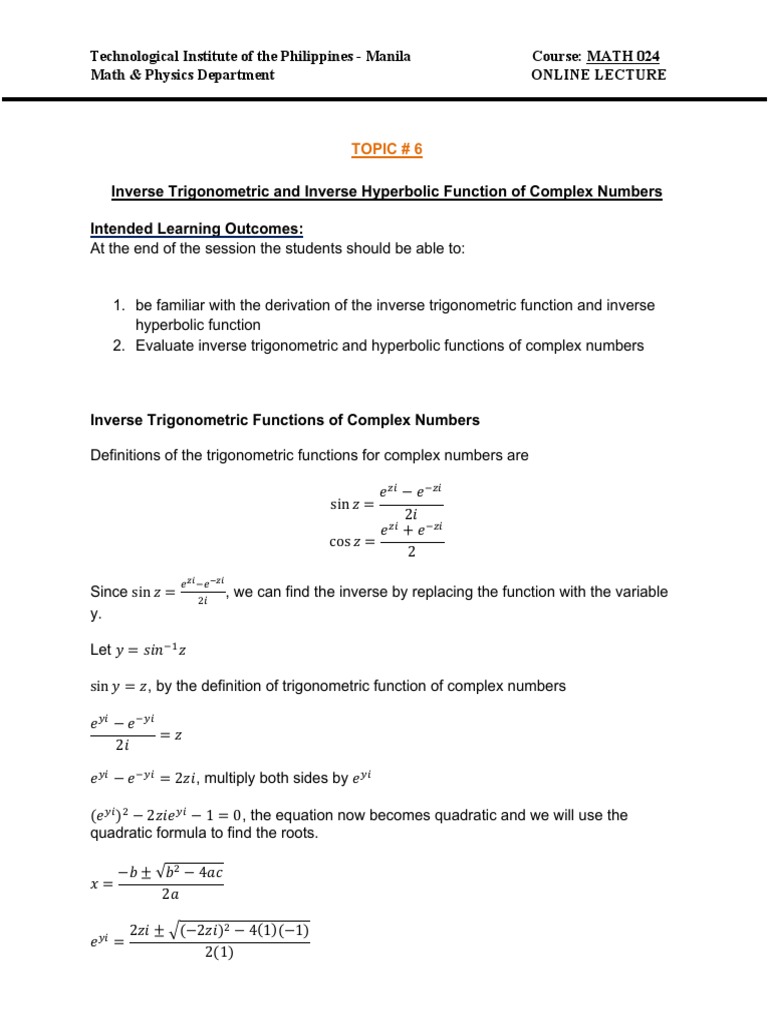 1.6 Inverse Trigonometric and Inverse Hyperbolic Functions of Complex ...