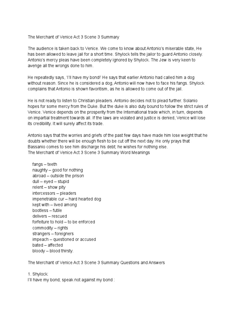 MOV Act 3 Scene 3 Question and Answer | PDF | The Merchant Of Venice ...