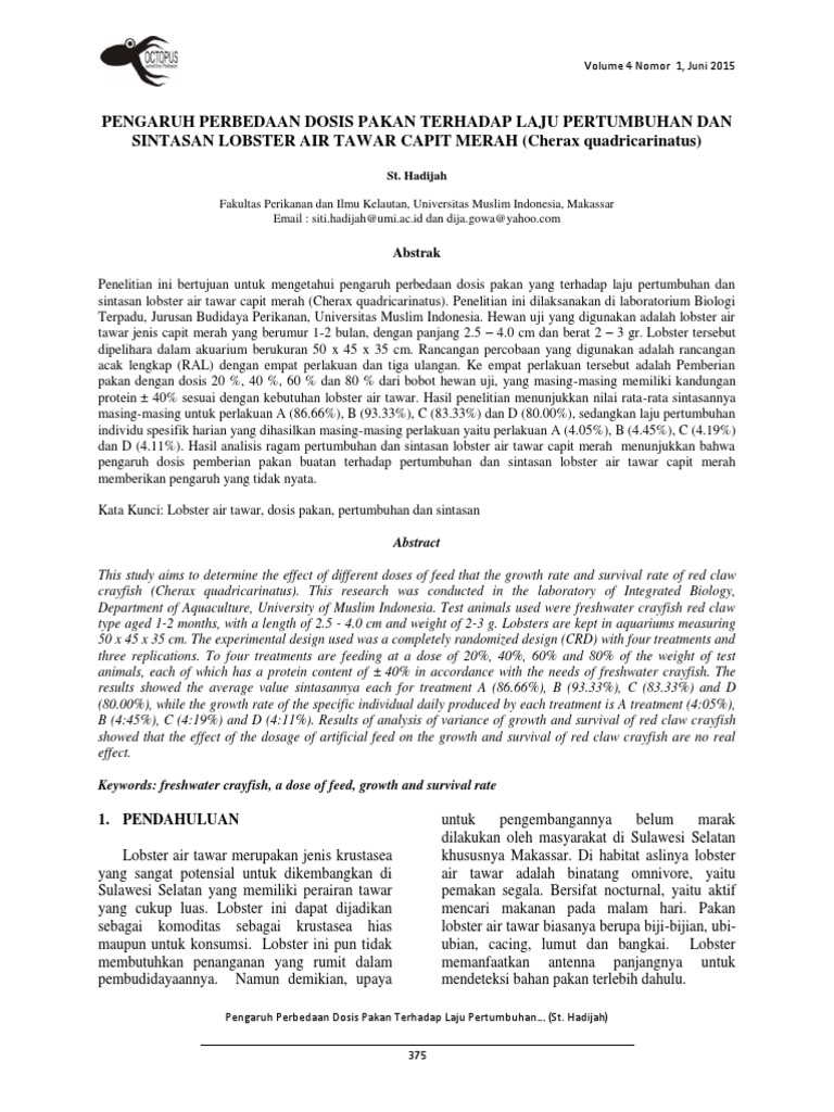 Pengaruh Perbedaan Dosis Pakan Terhadap Laju Pertumbuhan Dan Sintasan ...