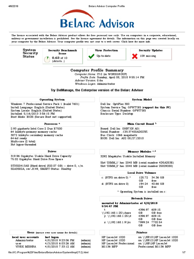 Belarc Advisor Computer Profile | PDF | Usb | Microsoft Windows