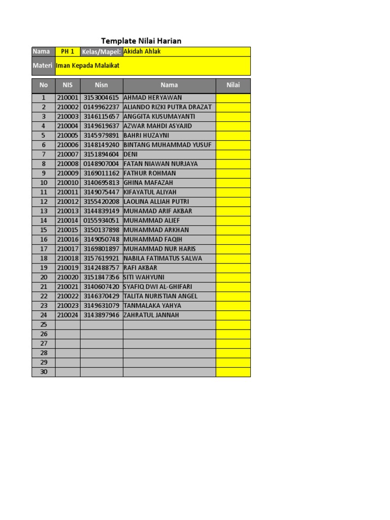 Template - Nilai Harian 1 | PDF