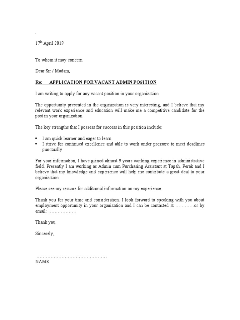 Re: Application For Vacant Admin Position | PDF