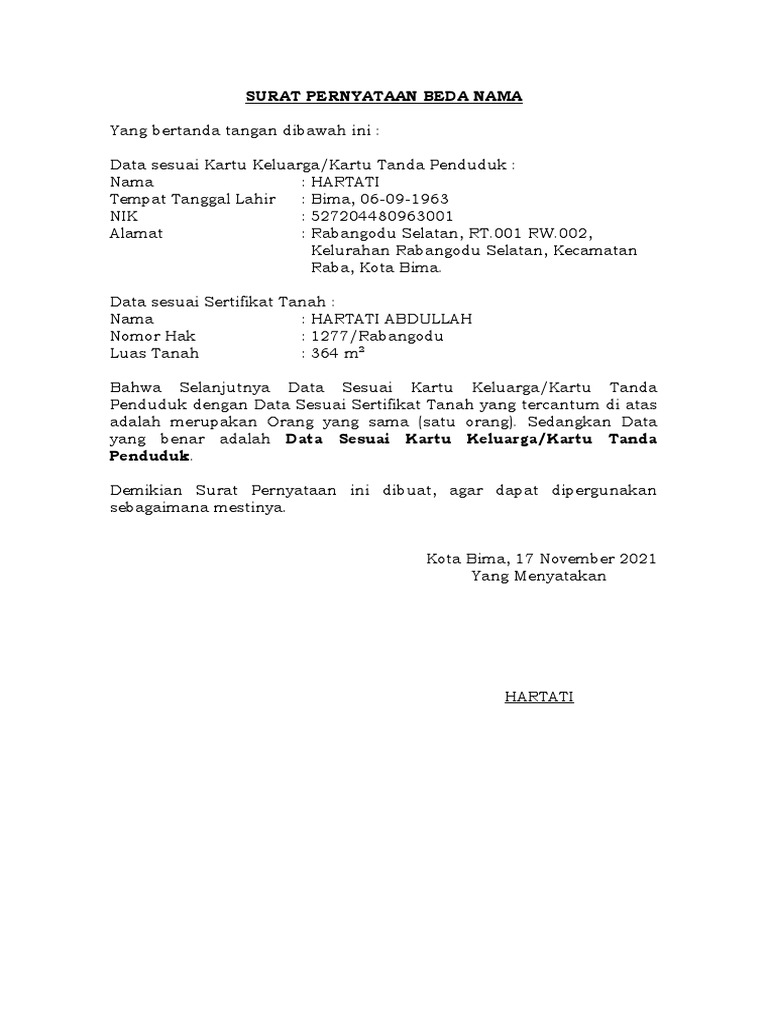 Surat Pernyataan Beda Nama | PDF