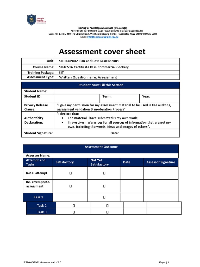 TKL College SITHKOP002 Assessment Guide | PDF | Menu | Competence ...