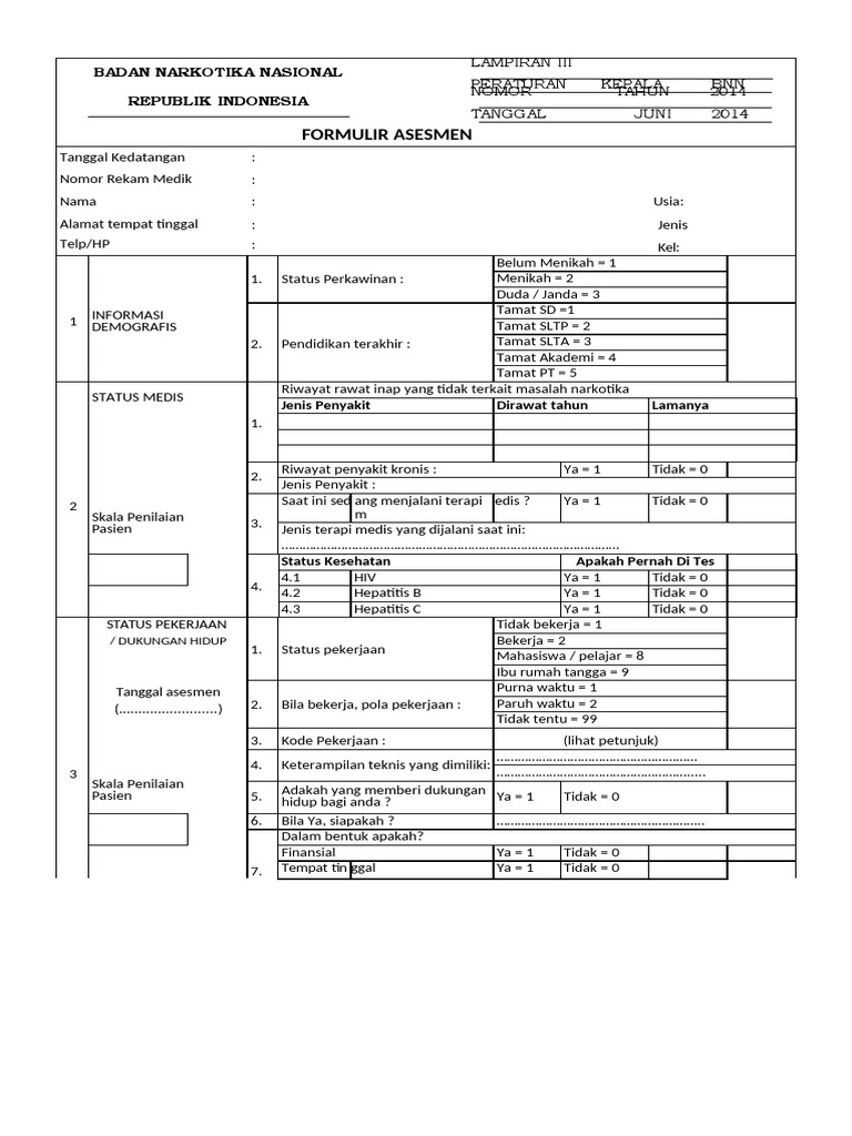 Formulir Asesmen Lengkap BNN | PDF