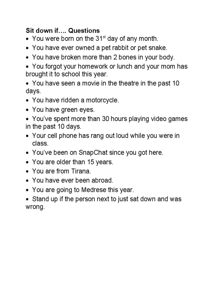 Sit Down If... Questions | PDF