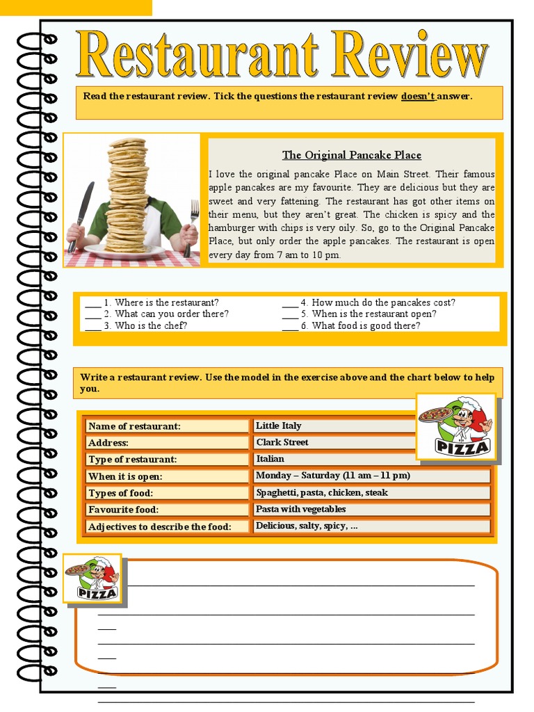 Restaurant Review Reading Comprehension Exercises Tests Writing Crea ...