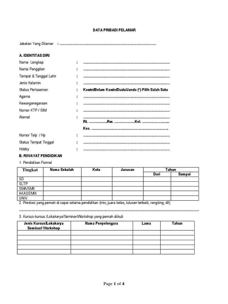 Formulir Data Pribadi Pelamar RSIA Makiyah | PDF